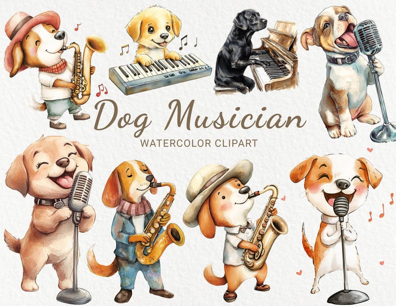 Dog Musician Watercolor Clipart - 24 PNG Dog Play Different Musical ...