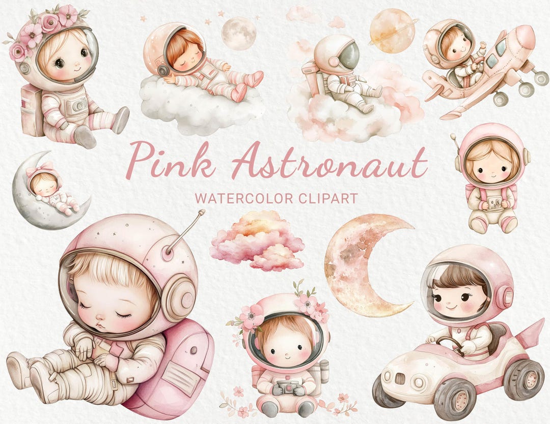 Pink Astronaut Watercolor Clipart - 24 PNG Space Decor, Rose Nursery ...