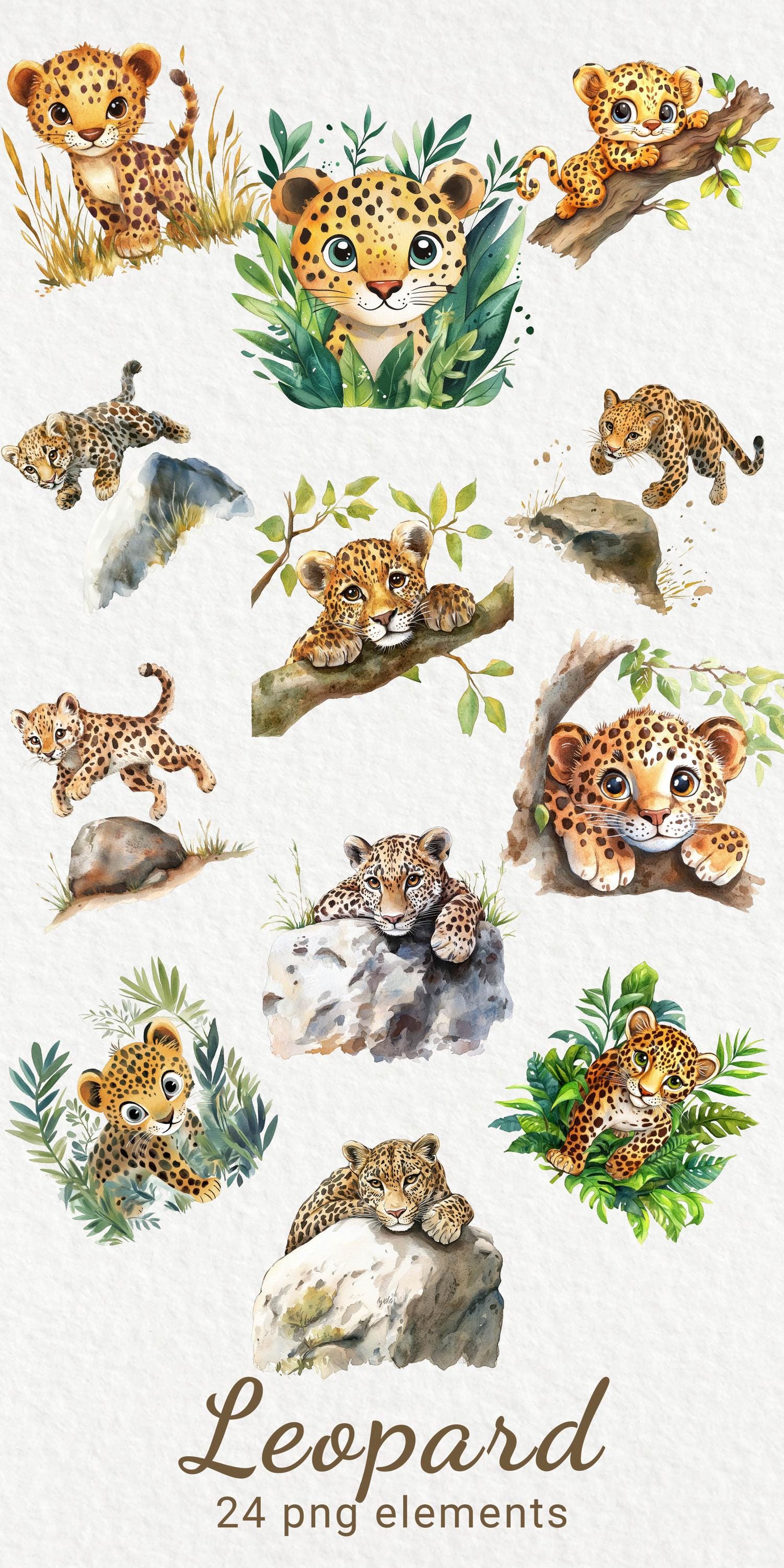 Leopard Clipart - 24 PNG Watercolor Safari Animal Clip Art, Digital ...