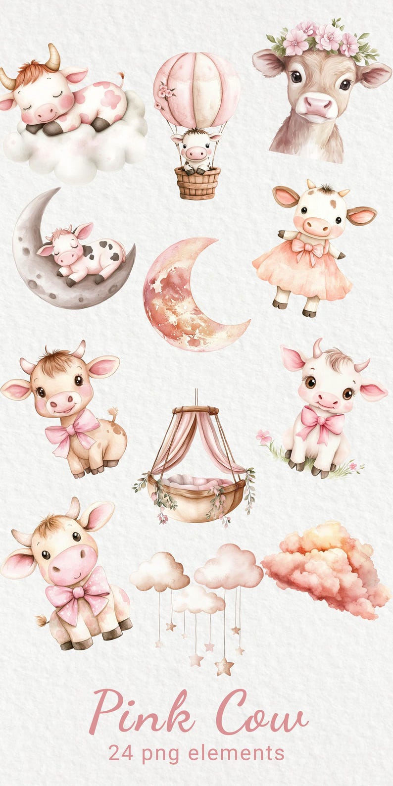 Pink Cow Nursery Watercolor Clipart – Cute Baby Animal PNG (digital ...