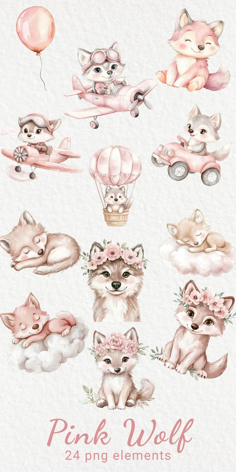 Pink Wolf Nursery Watercolor Clipart - 24 PNG Woodland Animals Decor ...