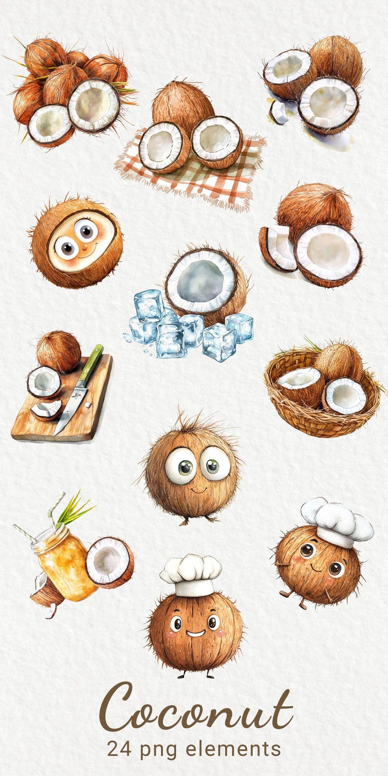 Coconut Watercolor Clipart - 24 PNG Funny Coconut Images, Illustration ...