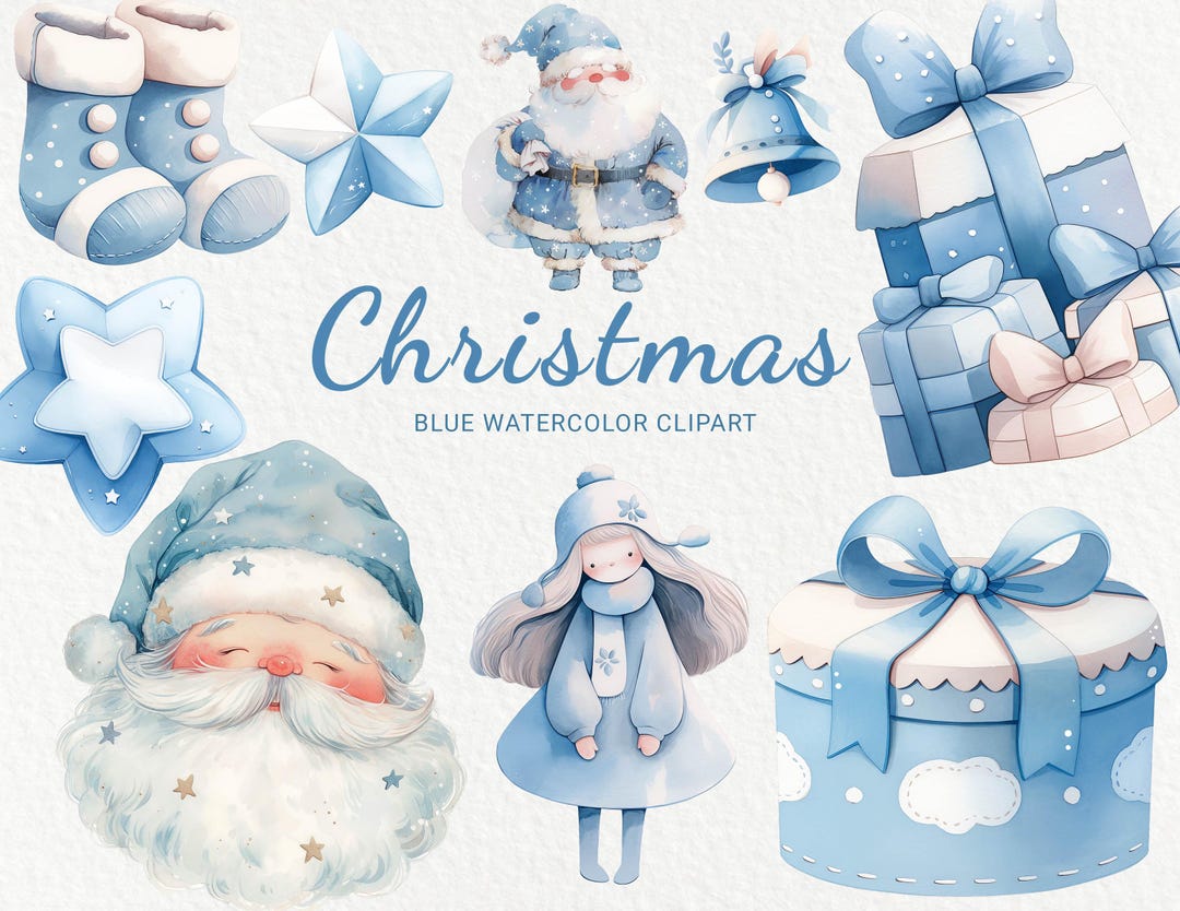 Blue Christmas Watercolor Clipart - 24 PNG Winter Decor Images, Cute ...