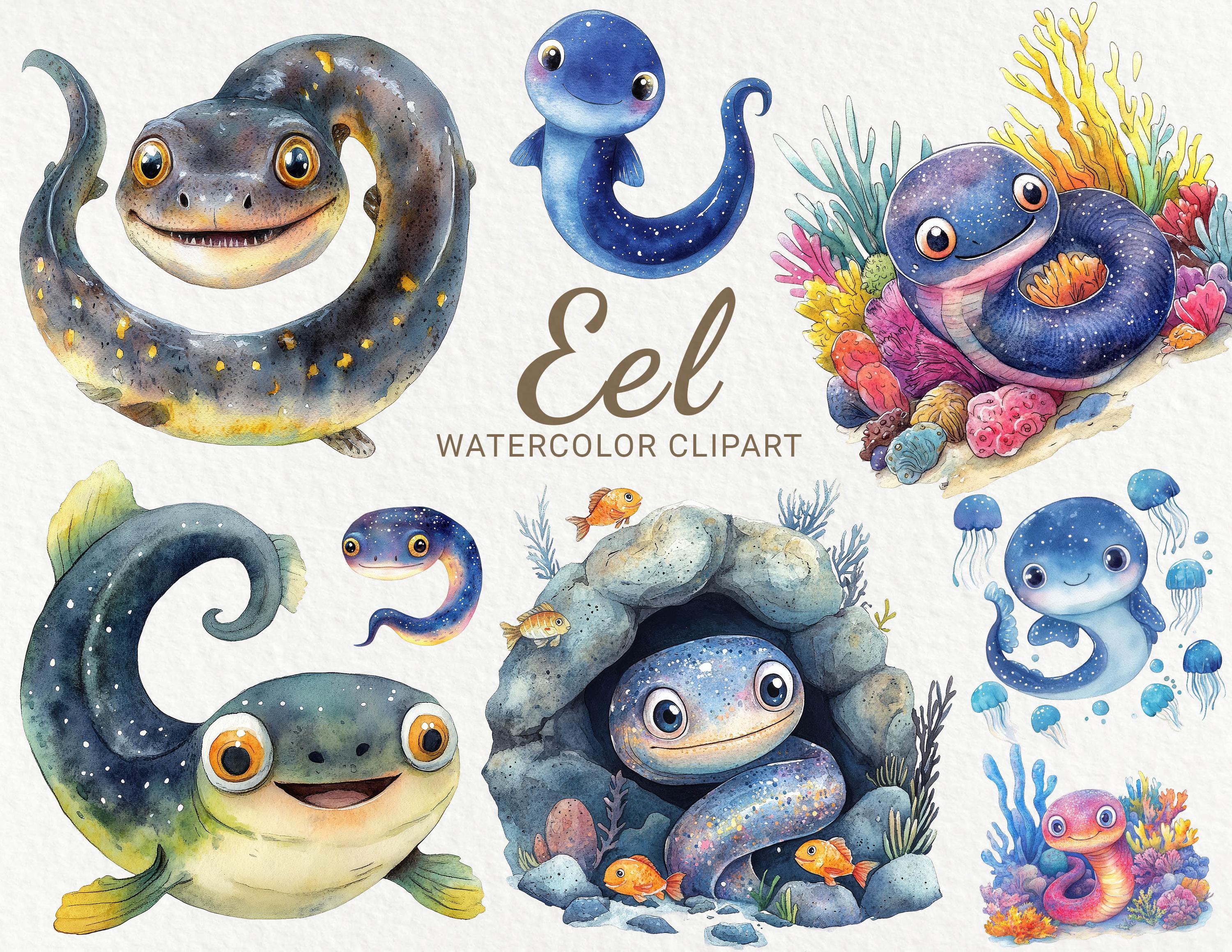 Eel Watercolor Clipart - 24 PNG Cute Eel Fish Clip Art, Digital Prints ...
