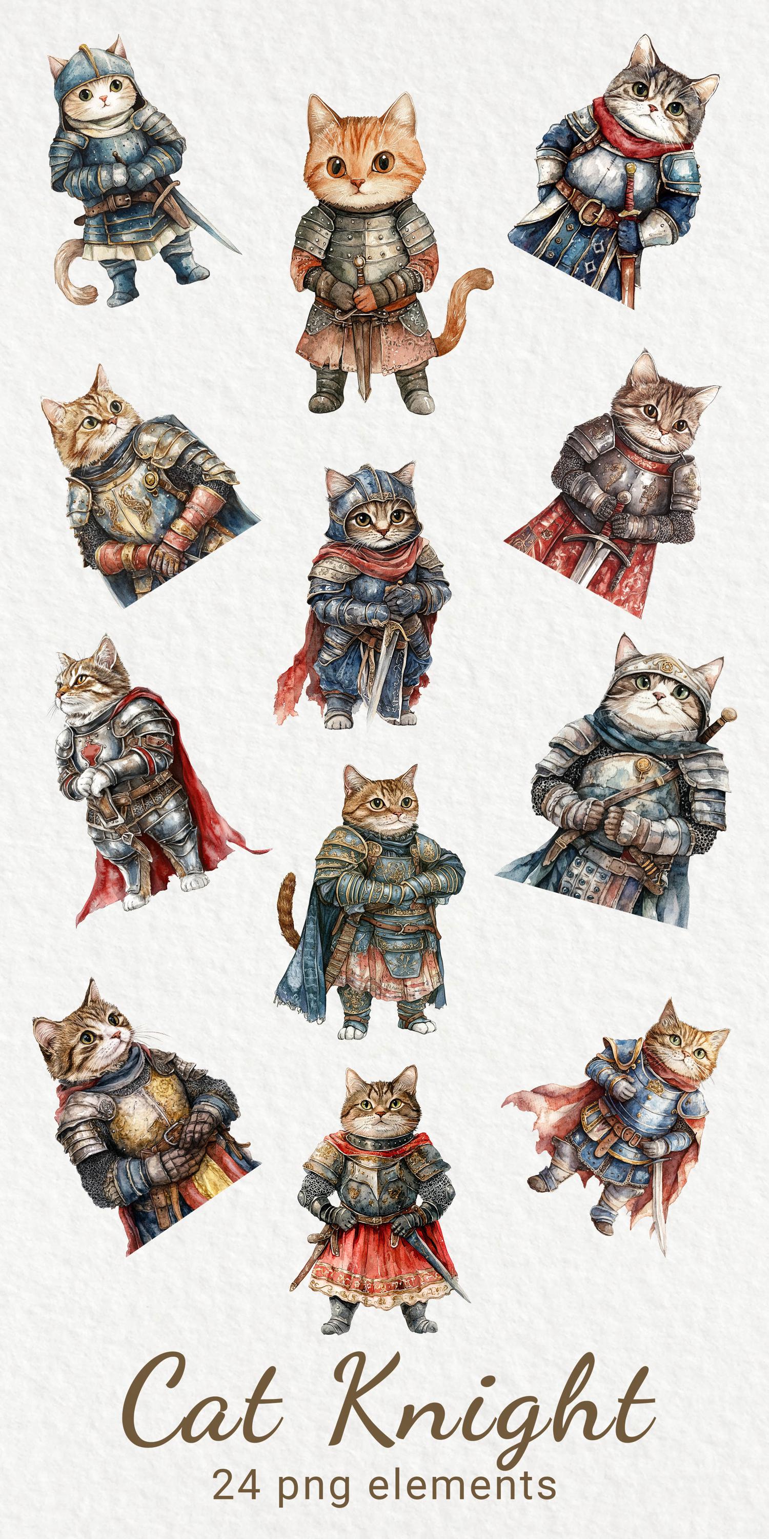Cat Knight Clipart - 24 PNG Watercolor Cats in Vintage Armor, Cute Cats ...