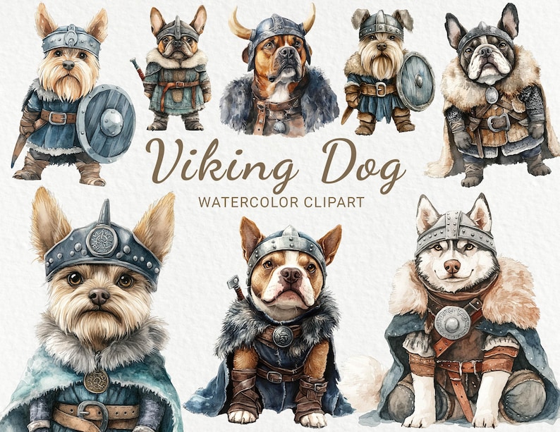 Viking Dog Clipart - 24 PNG Watercolor Puppy in Scandinavian Armor ...