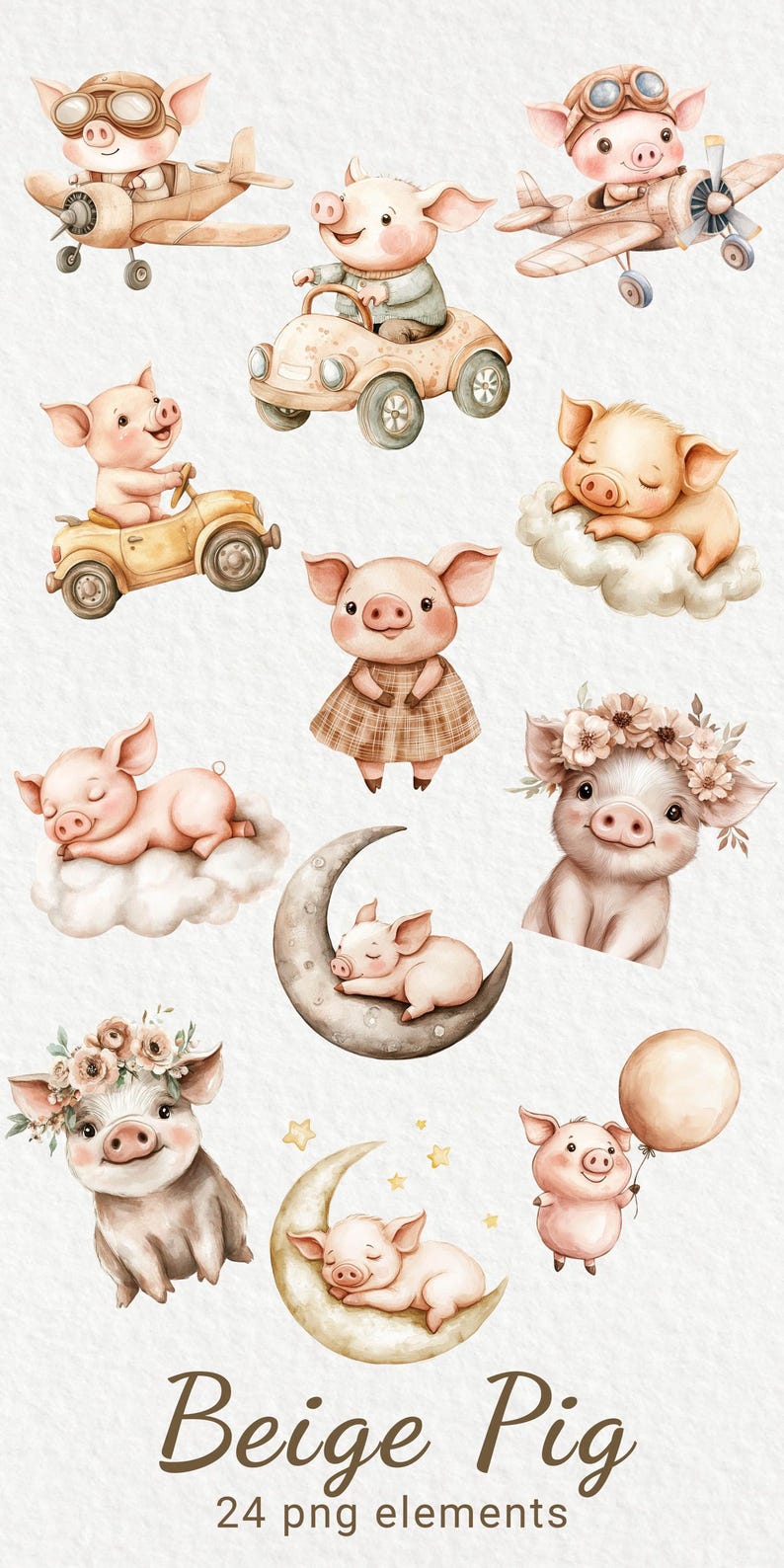Pig Nursery Watercolor Clipart - 24 PNG Cute Hog in Beige & Brown ...