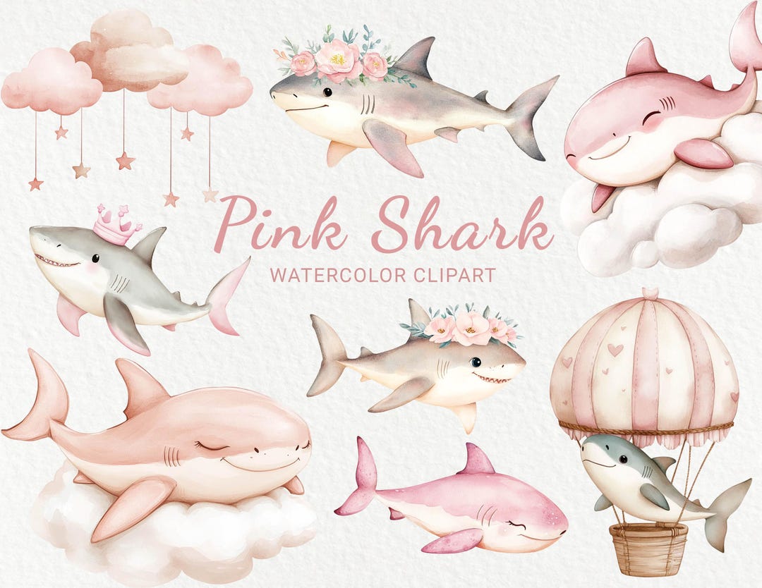 Pink Shark Clipart - 24 PNG Watercolor Baby Shark Clip Art, Sea ...