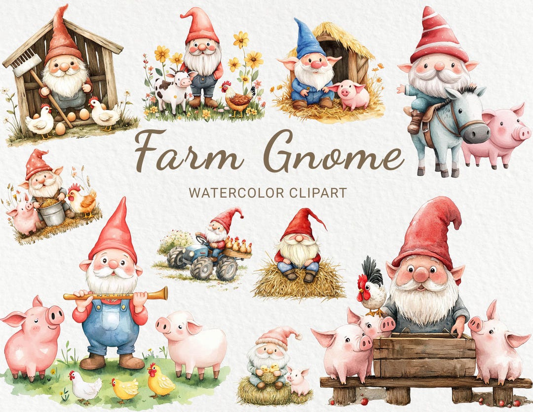 Farm Gnome Clipart - 24 PNG Watercolor Cottagecore Gnome, Country ...