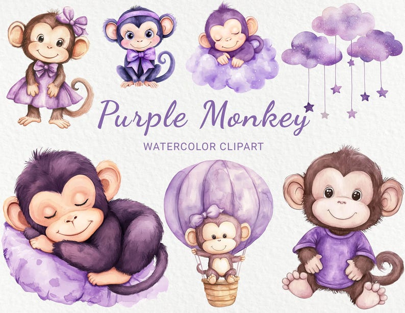 Purple Monkey Watercolor Clipart - 24 PNG Cute Safari Ape, Violet ...
