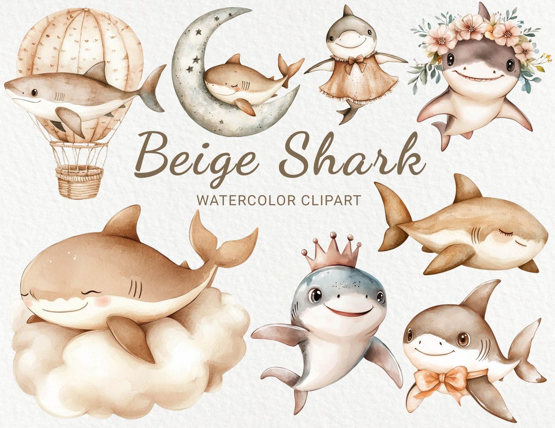 Beige & Brown Shark Clipart - 24 PNG Watercolor Baby Shark Clip Art ...