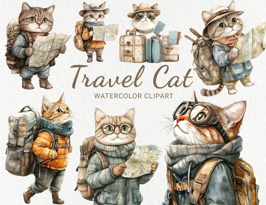 Cat Traveler Clipart - 24 PNG Watercolor Cat Clipart, Travel Images ...