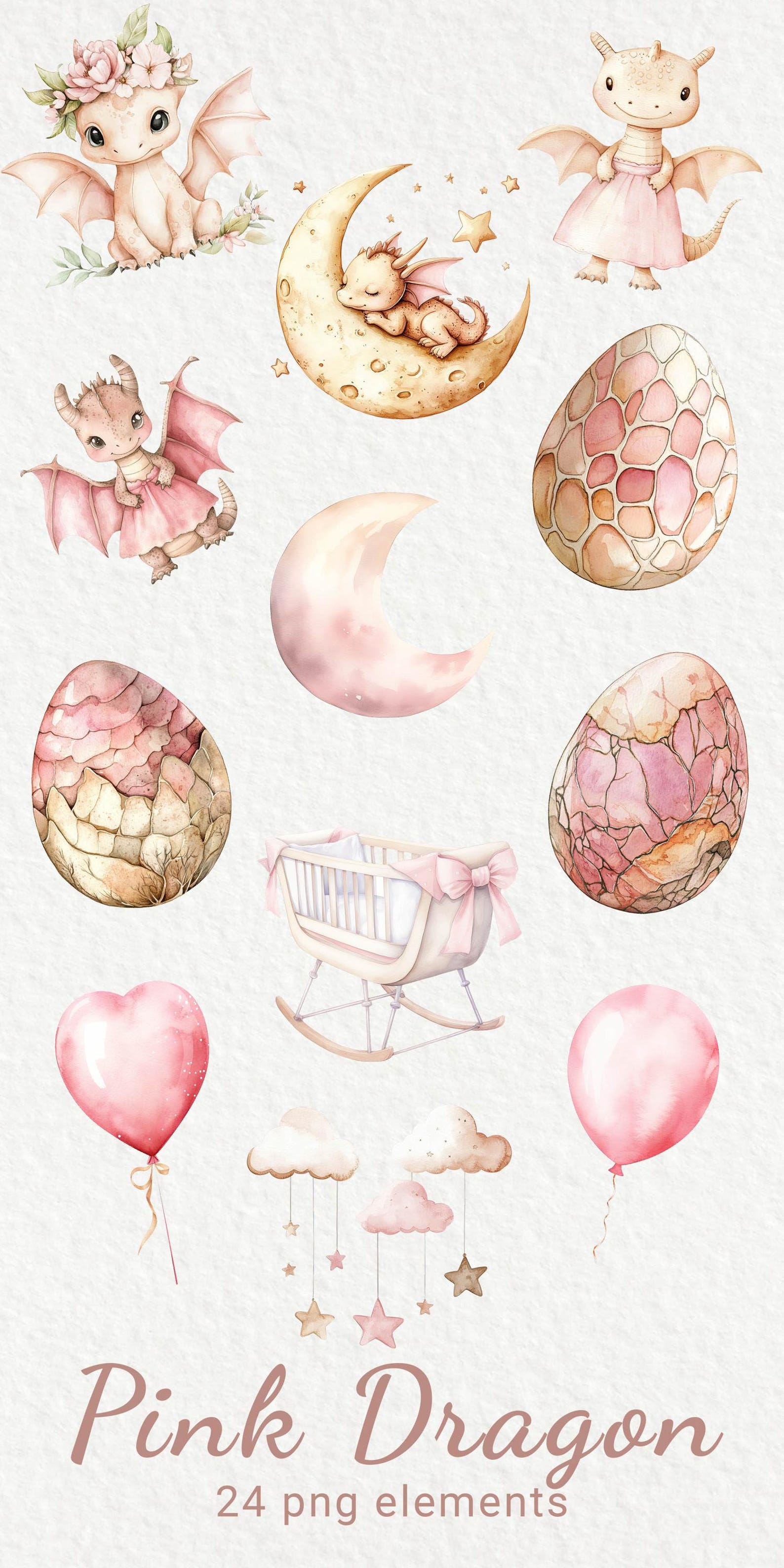 Pink Dragon Nursery Watercolor Clipart - 24 PNG Cute Fairy Сreature ...