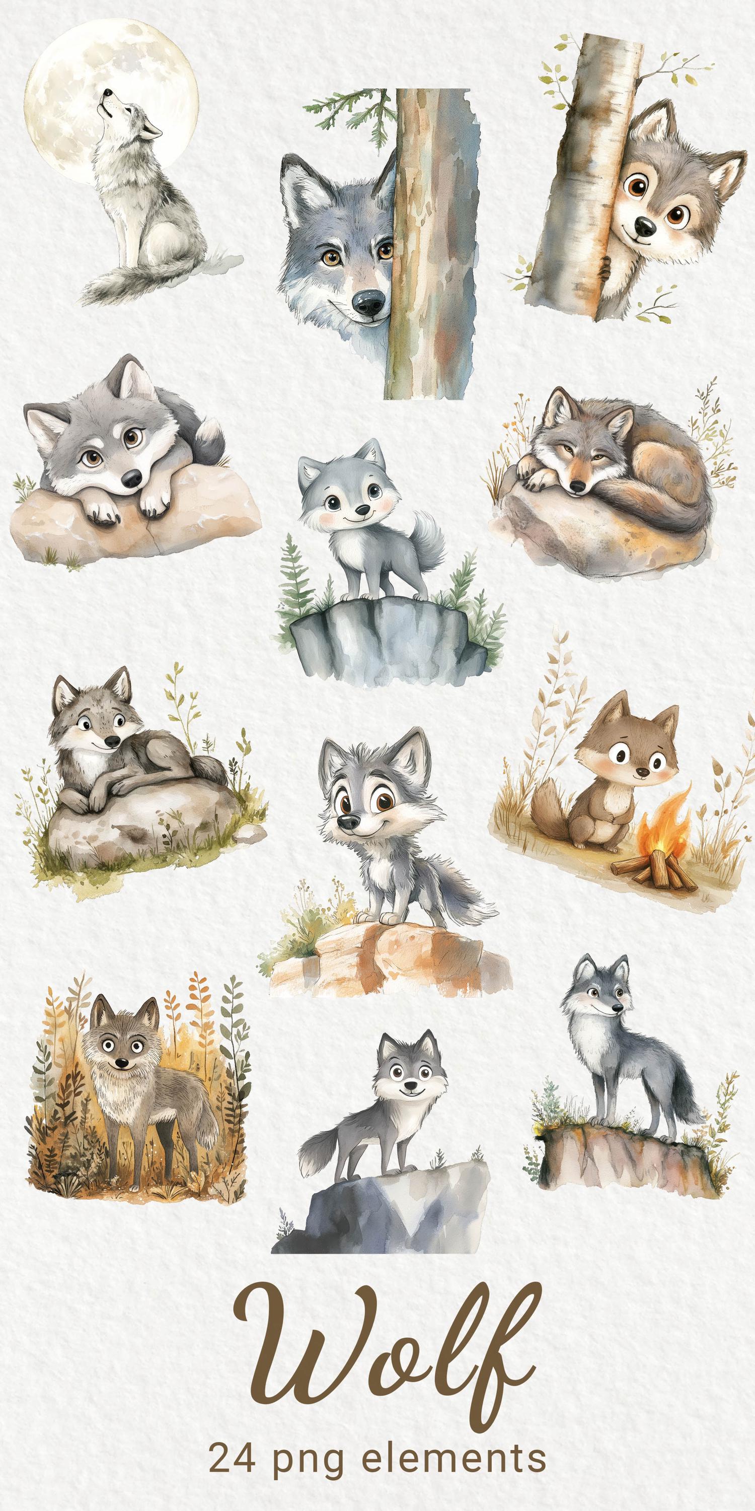 Wolf Clipart - 24 PNG Watercolor Baby Wolf Clip Art, Funny Animals ...