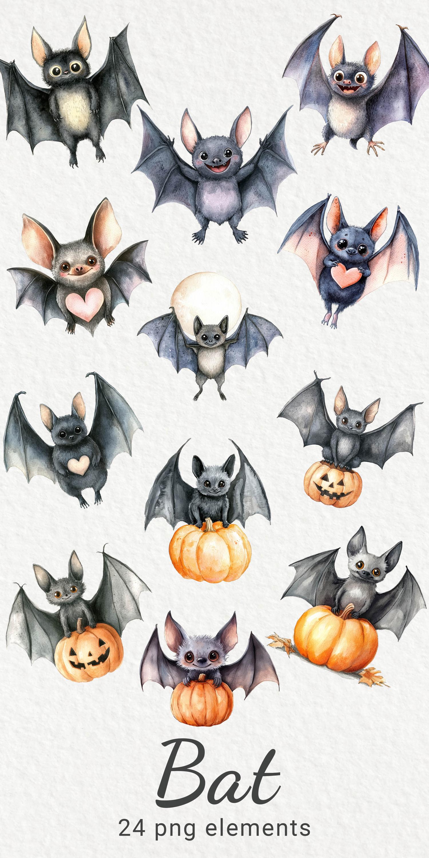 Bat Watercolor Clipart - 24 PNG Cute and Mystery Bats, Dark Forest ...