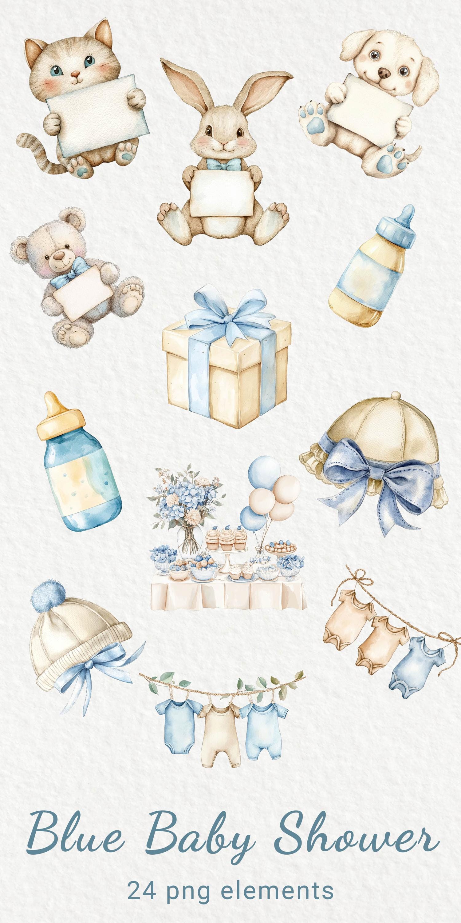 Blue Baby Shower Watercolor Clipart - 24 PNG Cute Baby Room Decor, Baby ...