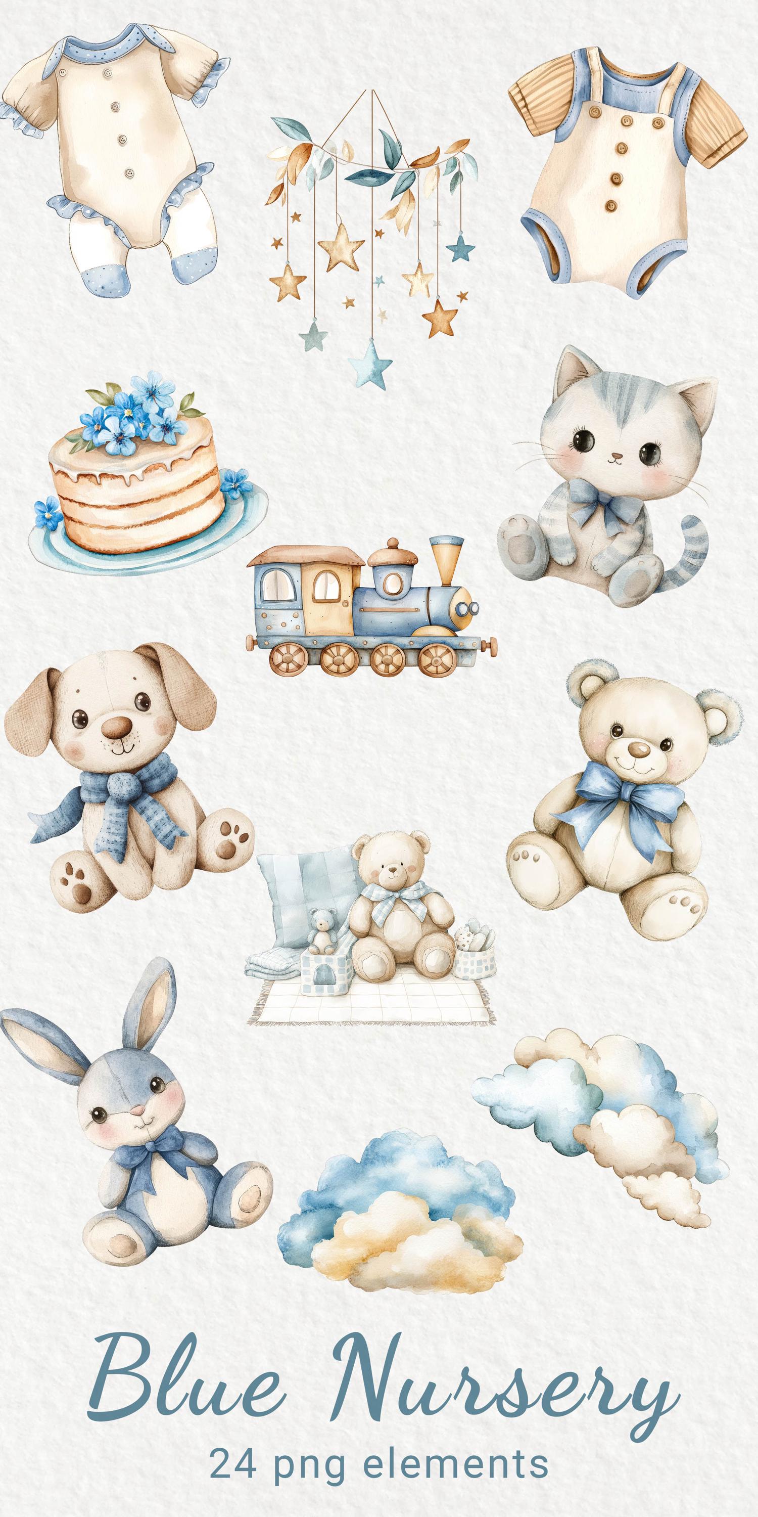 Blue Nursery Watercolor Clipart - 24 PNG Cute Baby Room Decor, Baby ...
