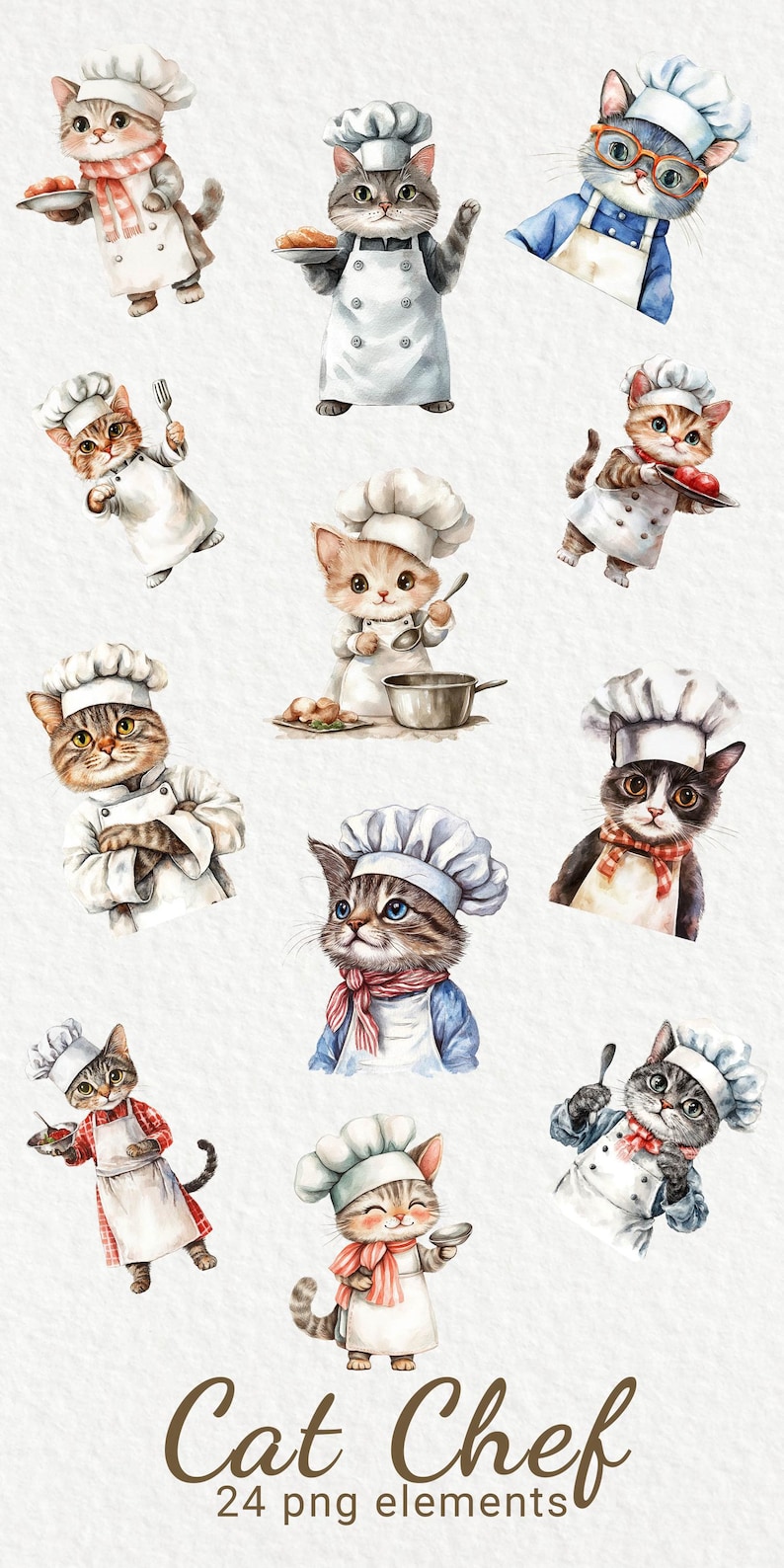 Cat Chef Watercolor Clipart – 24 PNG Cooking Kitty Illustrations ...