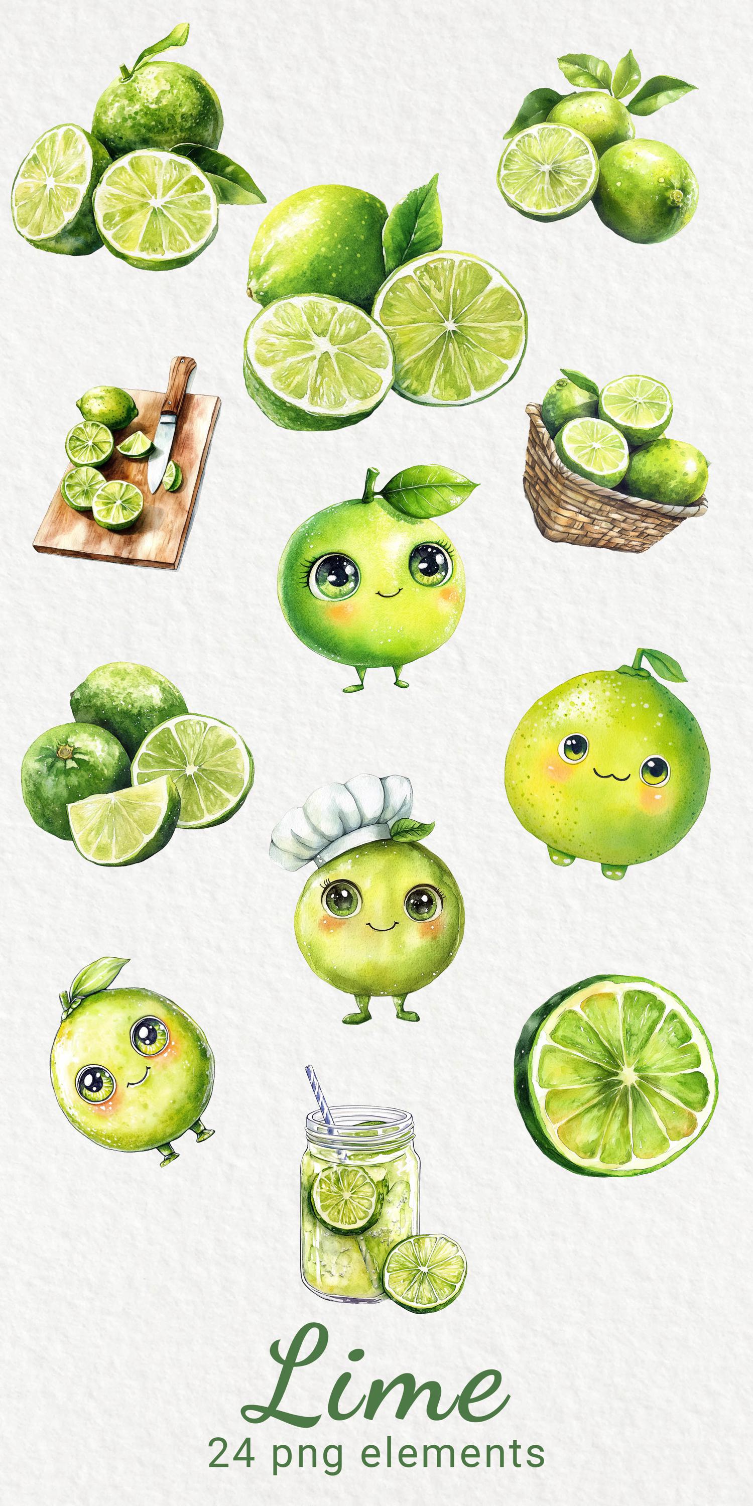 Lime Watercolor Clipart - 24 PNG Funny Lime Illustration, Cool Chibi ...