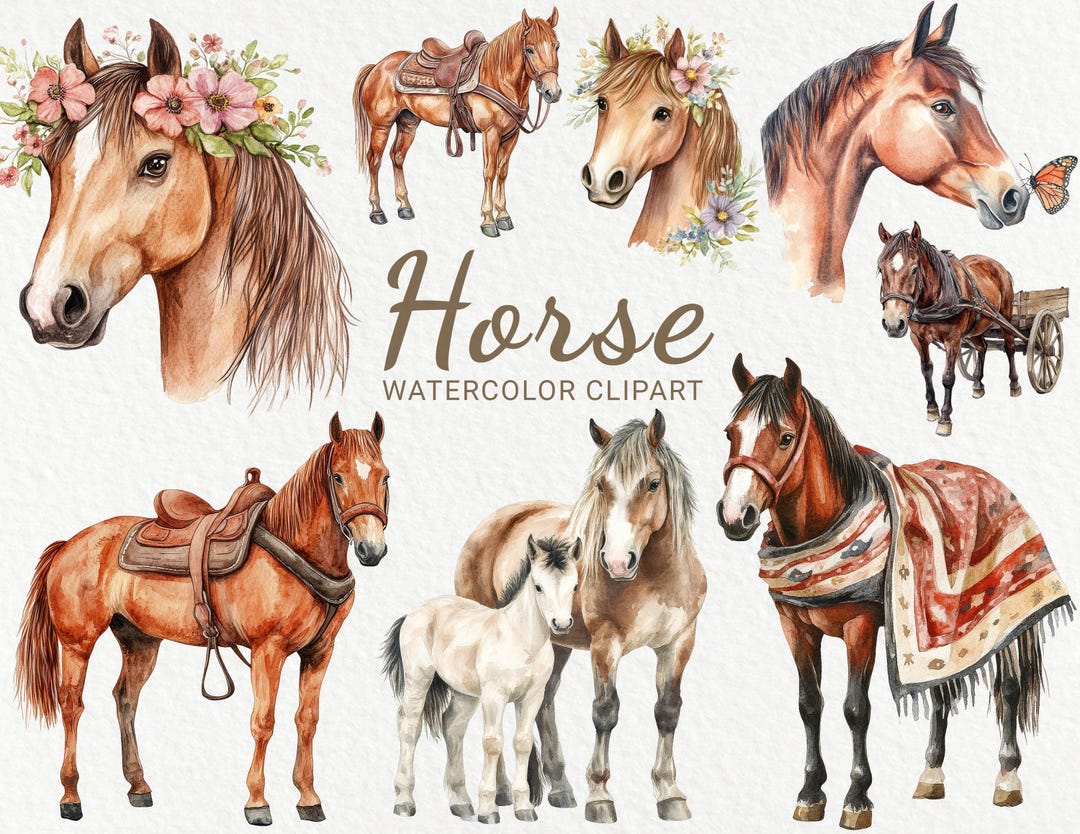 Horse Watercolor Clipart - 24 PNG Cute Animal Clip Art, Farm Animals ...