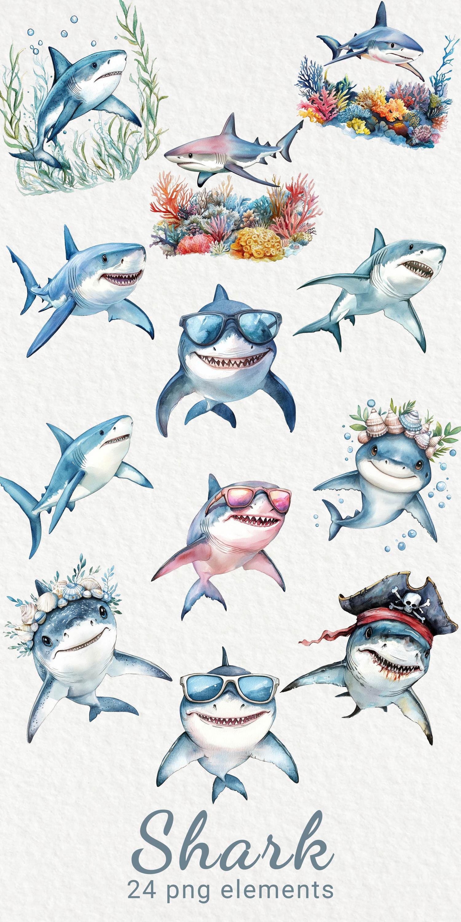 Watercolor Baby Shark Clipart: 24 PNG Nursery Images (digital Download ...