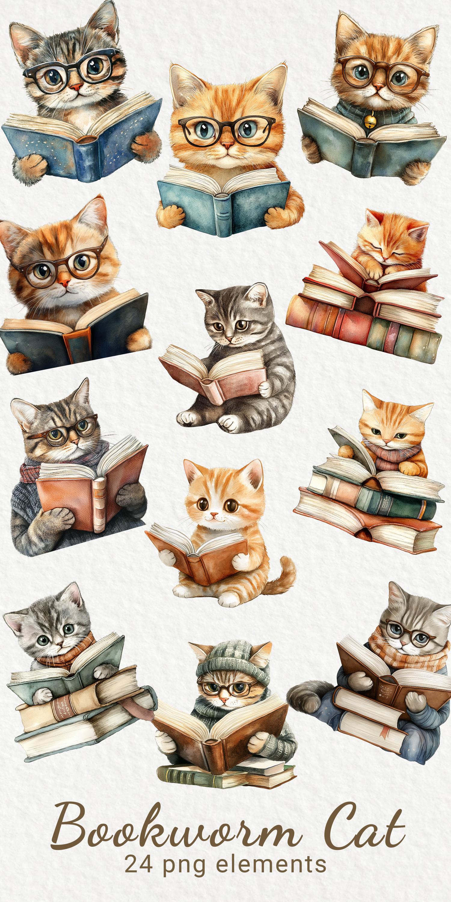 Cat Reading Book Clipart - 24 PNG Watercolor Bookworm Clipart, Book ...