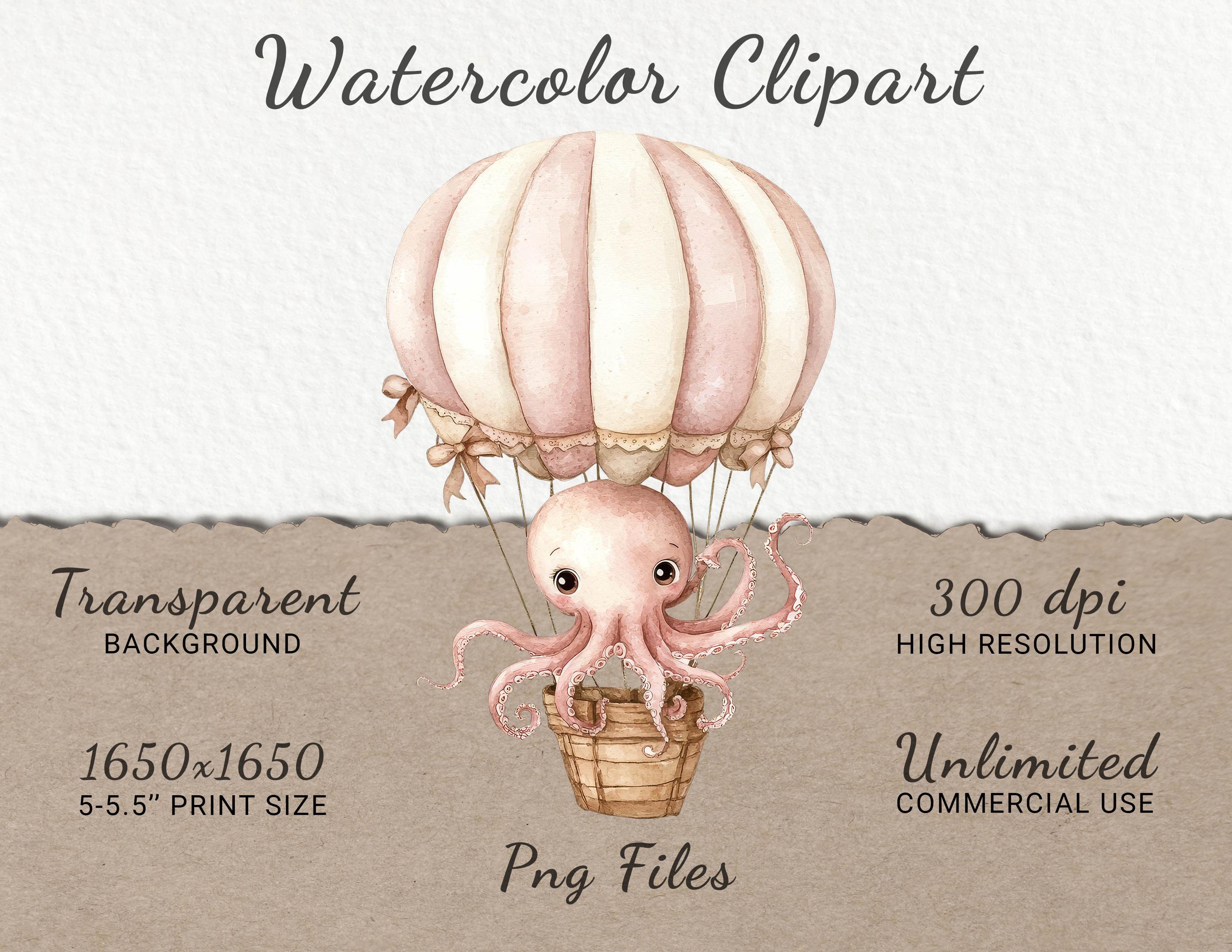 Pink Octopus Nursery Watercolor Clipart - 24 PNG Cute Marine Decor Clip ...