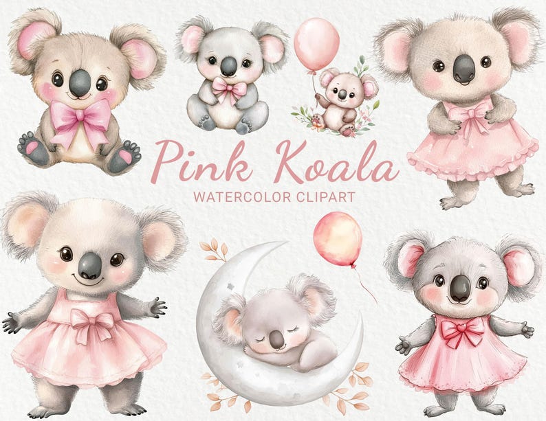 Pink Koala Nursery Watercolor Clipart - 24 PNG Cute Rose Koala Bear ...