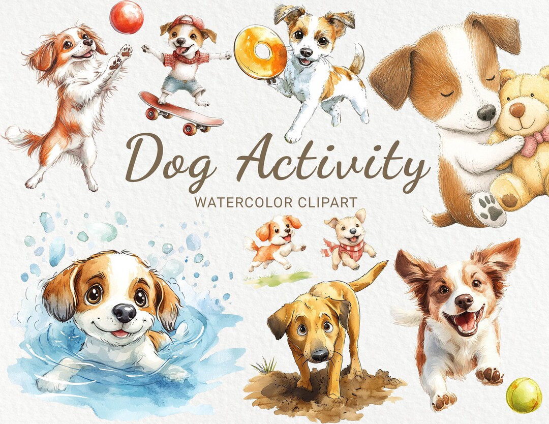 Dog Activity Watercolor Clipart - 24 PNG Cute Fairy Animals Decor, Pet ...