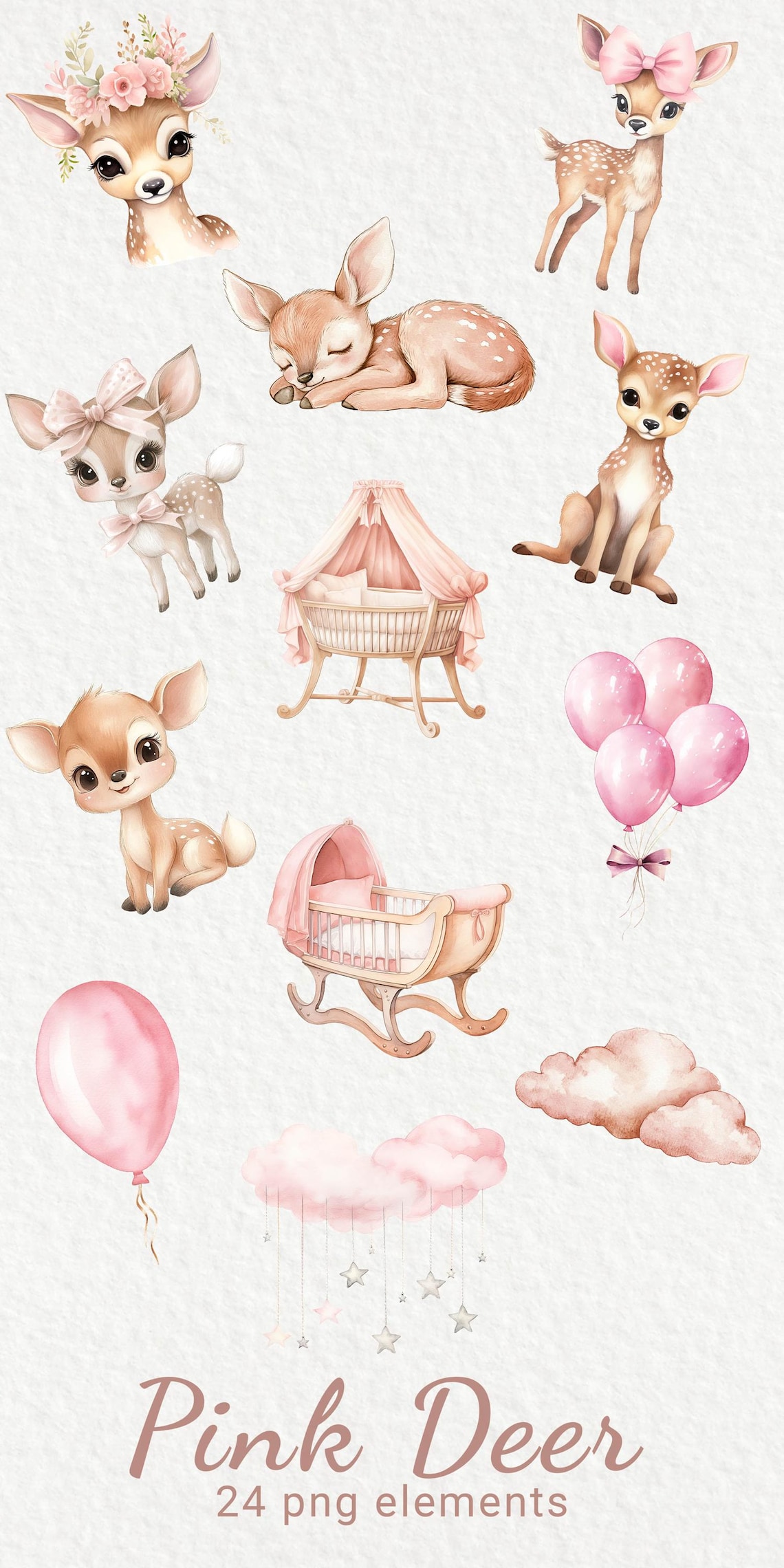 Pink Deer Nursery Watercolor Clipart 24 PNG Cute Woodland Animals Decor ...
