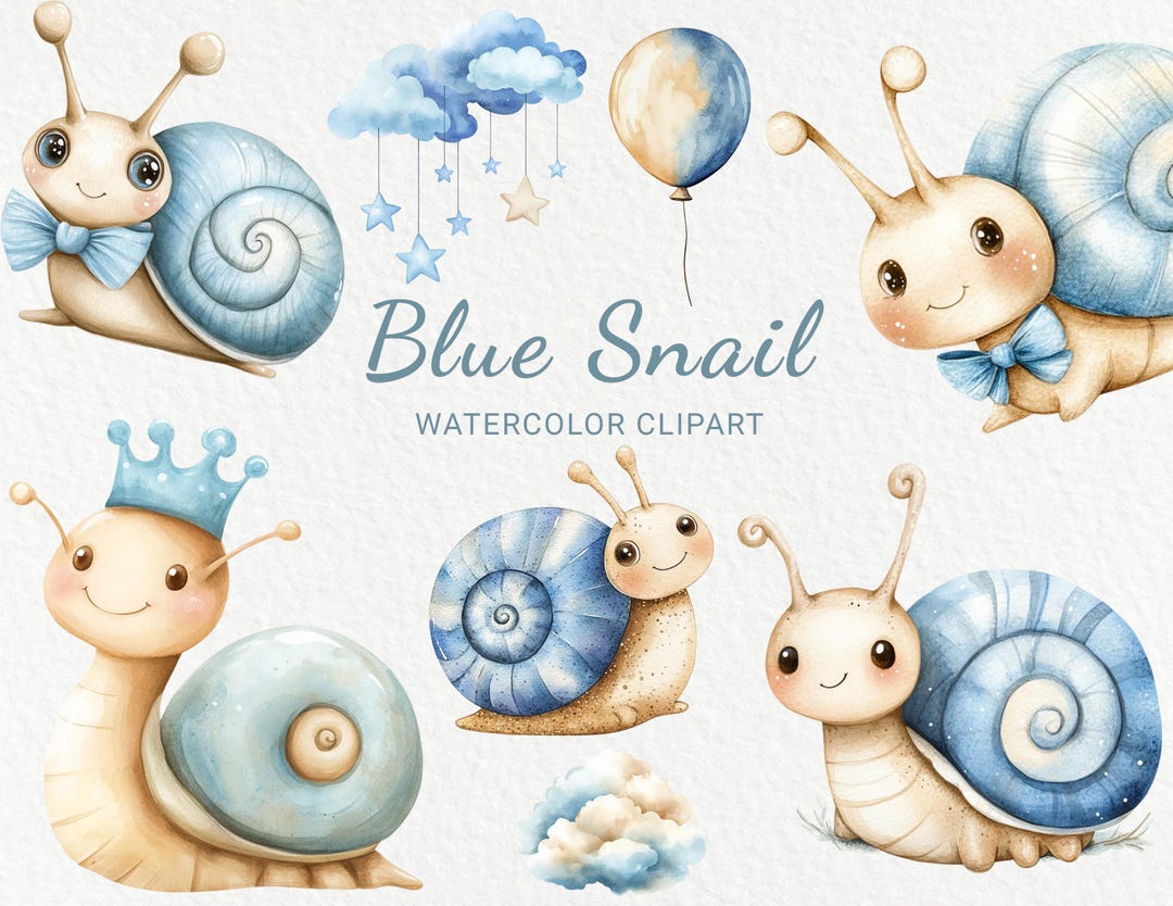 Blue Snail Watercolor Clipart - 24 PNG Nursery Snail Art, Nature ...