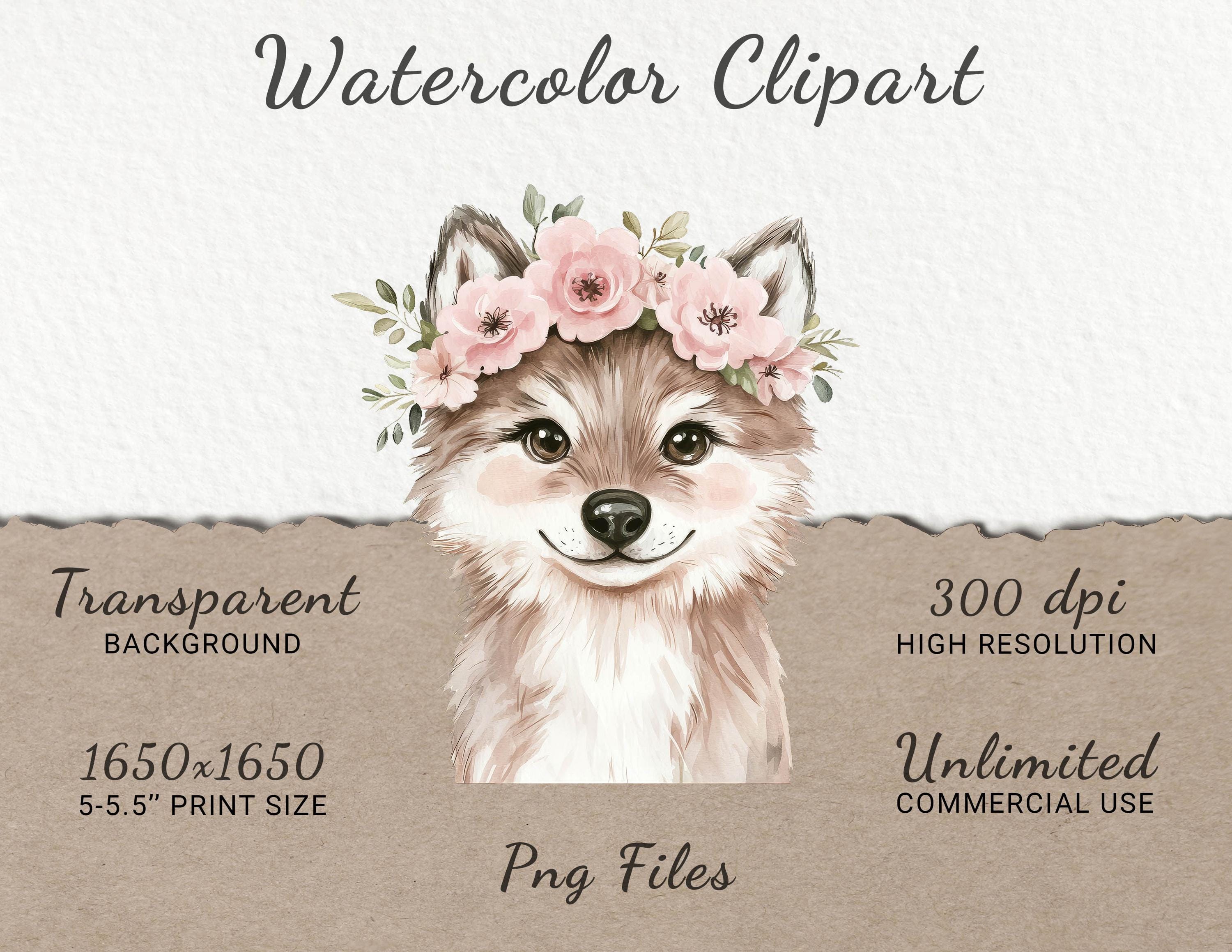 Pink Wolf Nursery Watercolor Clipart - 24 PNG Woodland Animals Decor ...