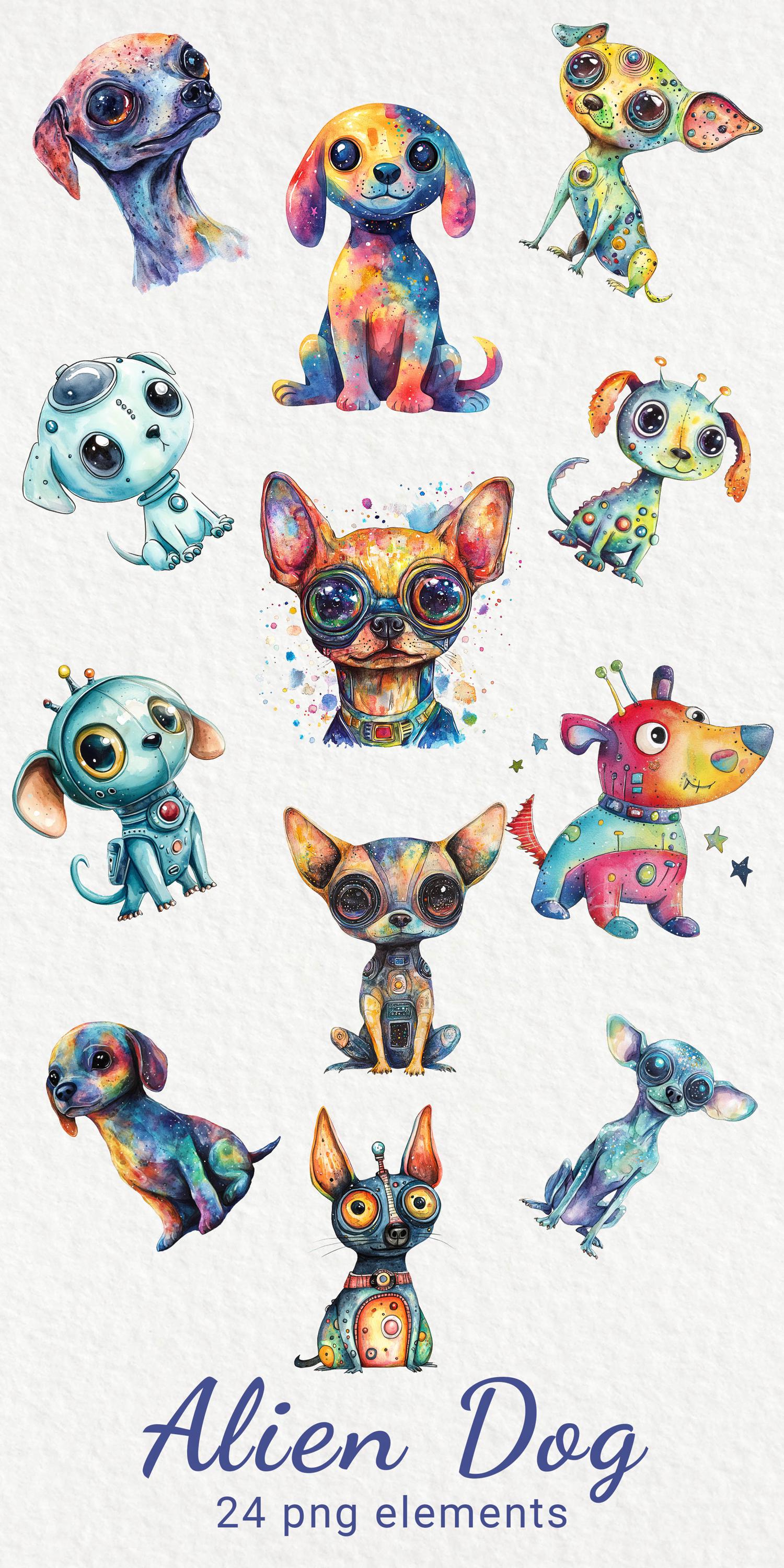 Alien Dog Clipart - 24 PNG Watercolor Whimsical Puppy, Fantastic Dog ...