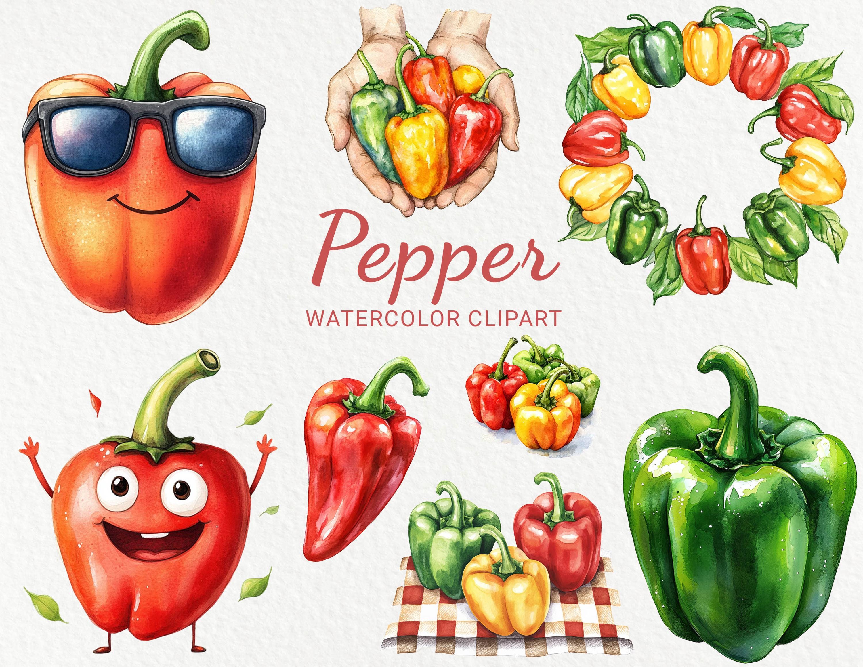 Bell Pepper Watercolor Clipart - 24 PNG Funny Pepper Illustration, Cool ...