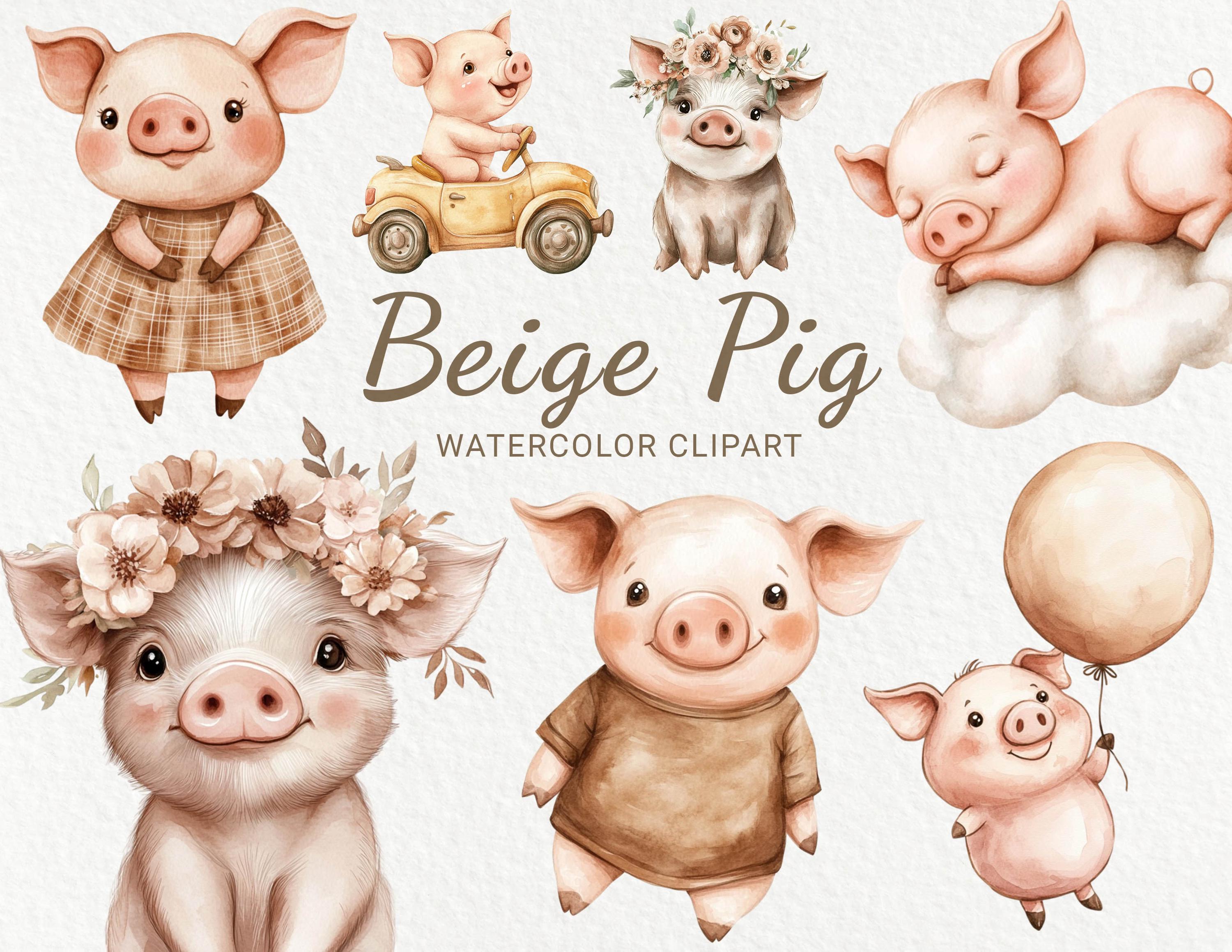 Pig Nursery Watercolor Clipart - 24 PNG Cute Hog in Beige & Brown ...