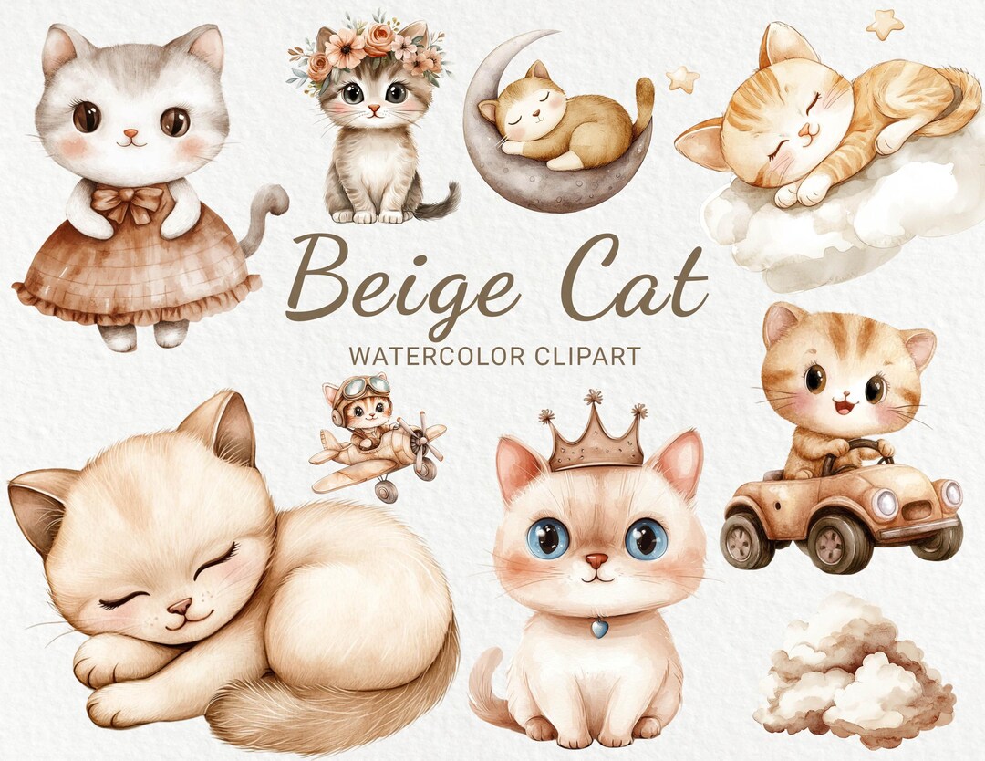 Cat Nursery Watercolor Clipart - 24 PNG Cute Fairy Animals Decor in ...