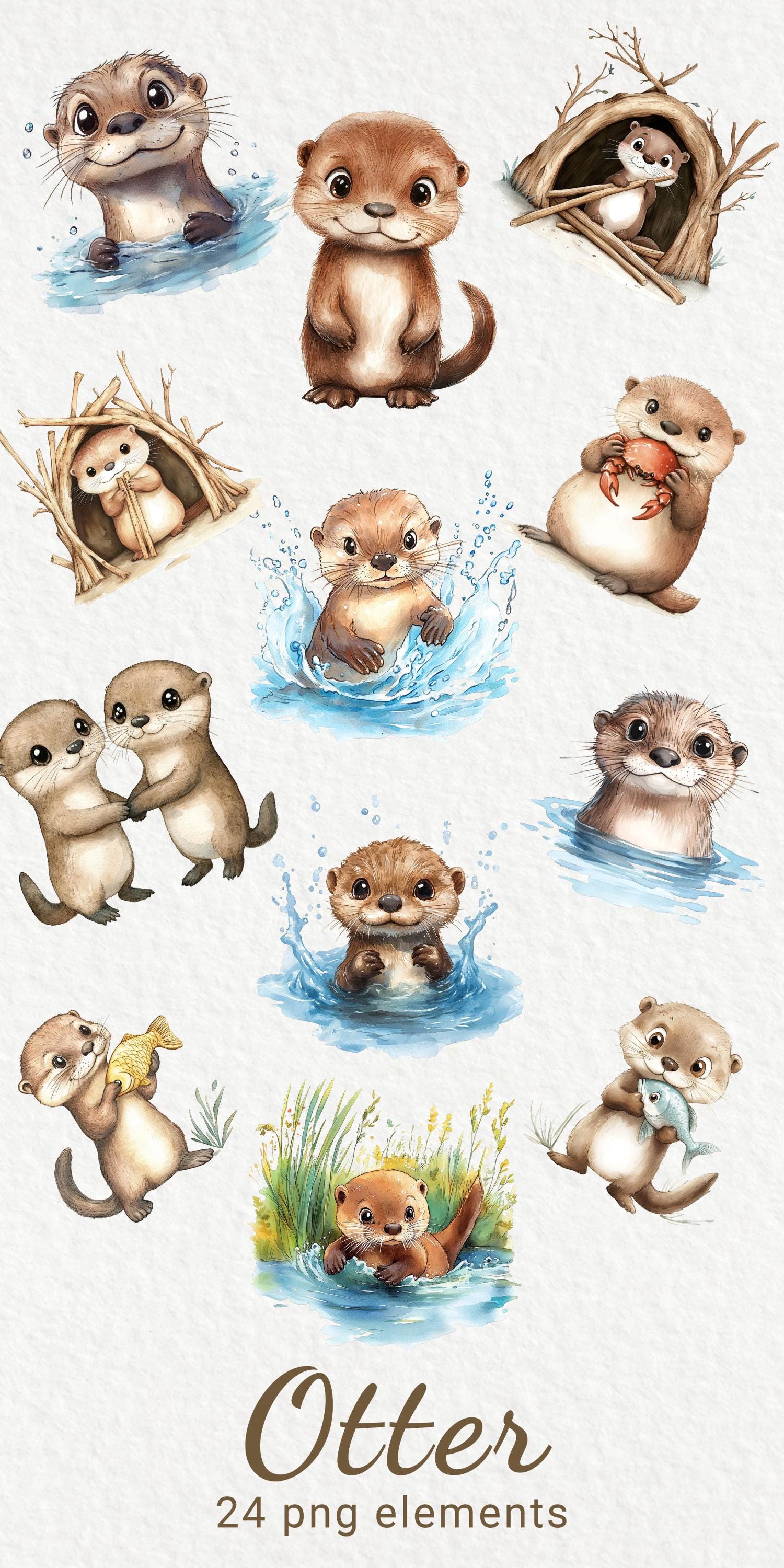 Otter Clipart - 24 PNG Watercolor Baby Otter Clip Art, Funny Otter ...