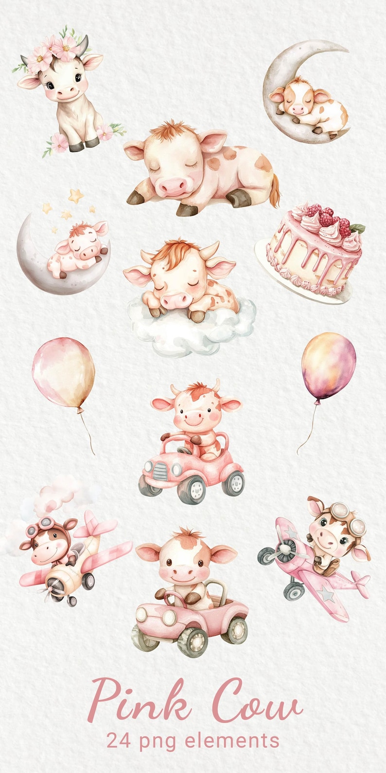 Pink Cow Nursery Watercolor Clipart - 24 PNG Cute Baby Cow, Animals ...