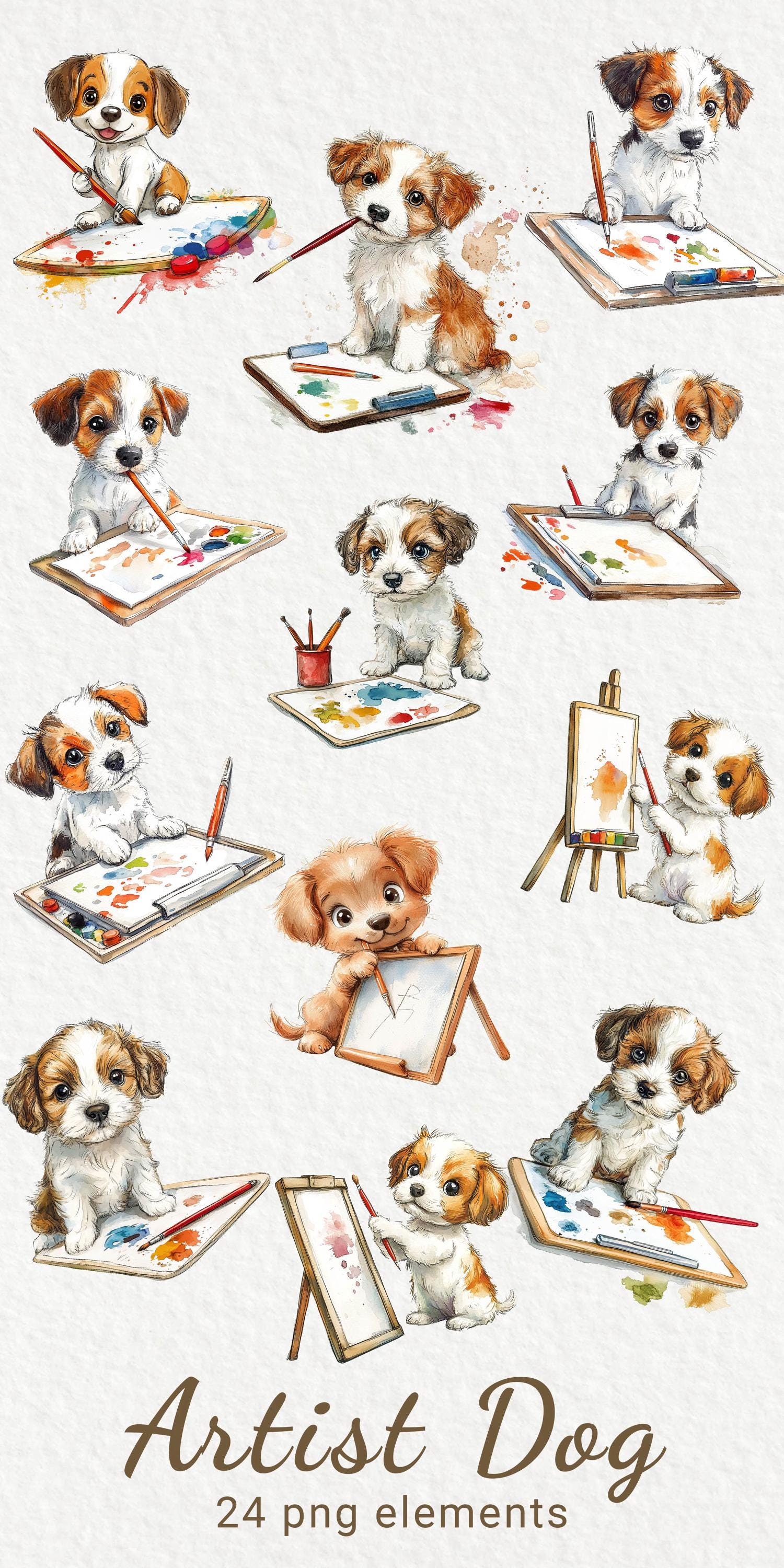 Artist Dog Watercolor Clipart - 24 PNG Cute Dog Painter, Nursery Decor ...