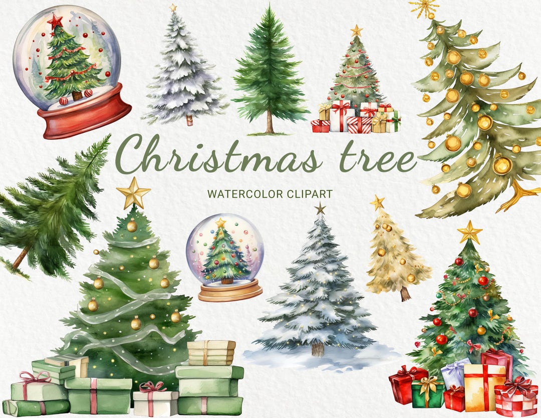 Christmas Tree Watercolor Clipart - 24 PNG Winter Decor Images, Xmas ...