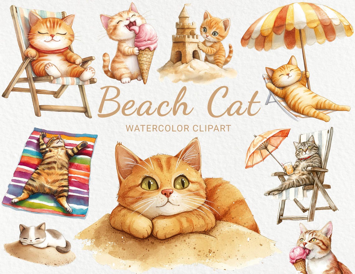 Cat on the Beach Watercolor Clipart - 24 PNG Cute Summer Cat, Room ...