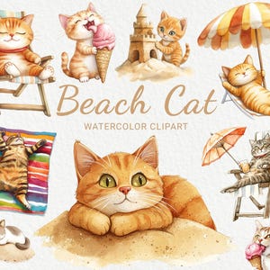 Cat on the Beach Watercolor Clipart - 24 PNG Cute Summer Cat, Room ...