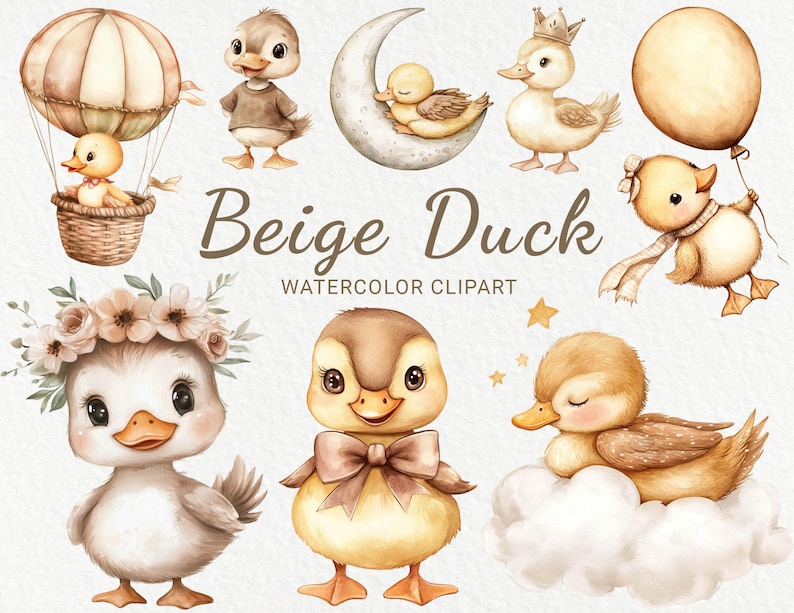 Duck Nursery Watercolor Clipart - 24 PNG Cute Duck in Beige & Brown ...