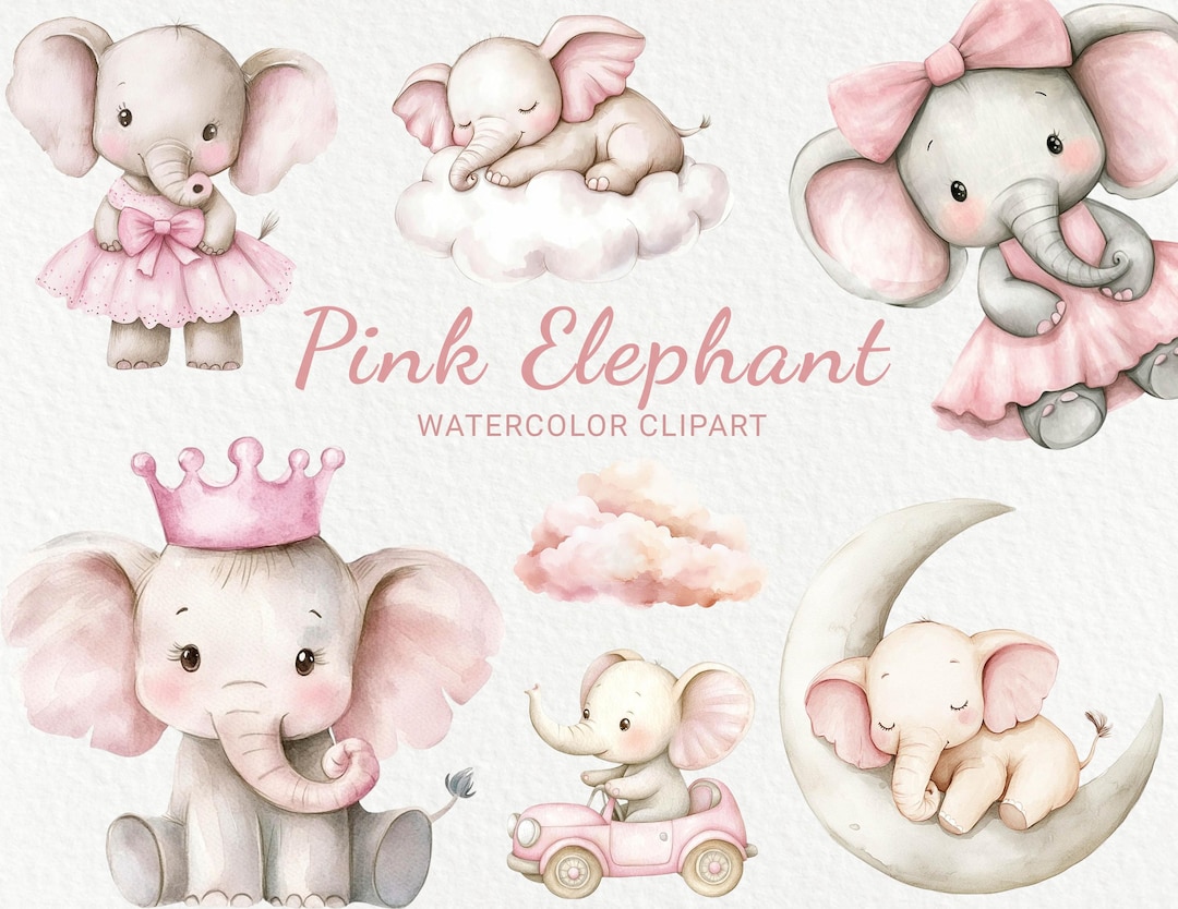 Pink Elephant Nursery Watercolor Clipart - 24 PNG Safari Animals Kids ...