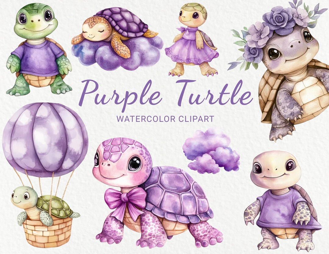 Purple Turtle Nursery Watercolor Clipart - 24 PNG Cute Turtle in Lilac ...