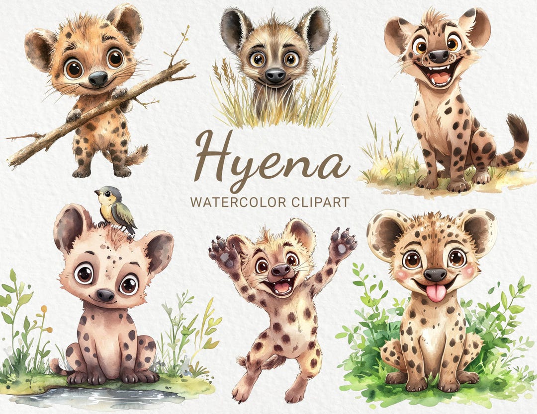Hyena Watercolor Clipart - 24 PNG Safari Animal Clip Art, Digital ...