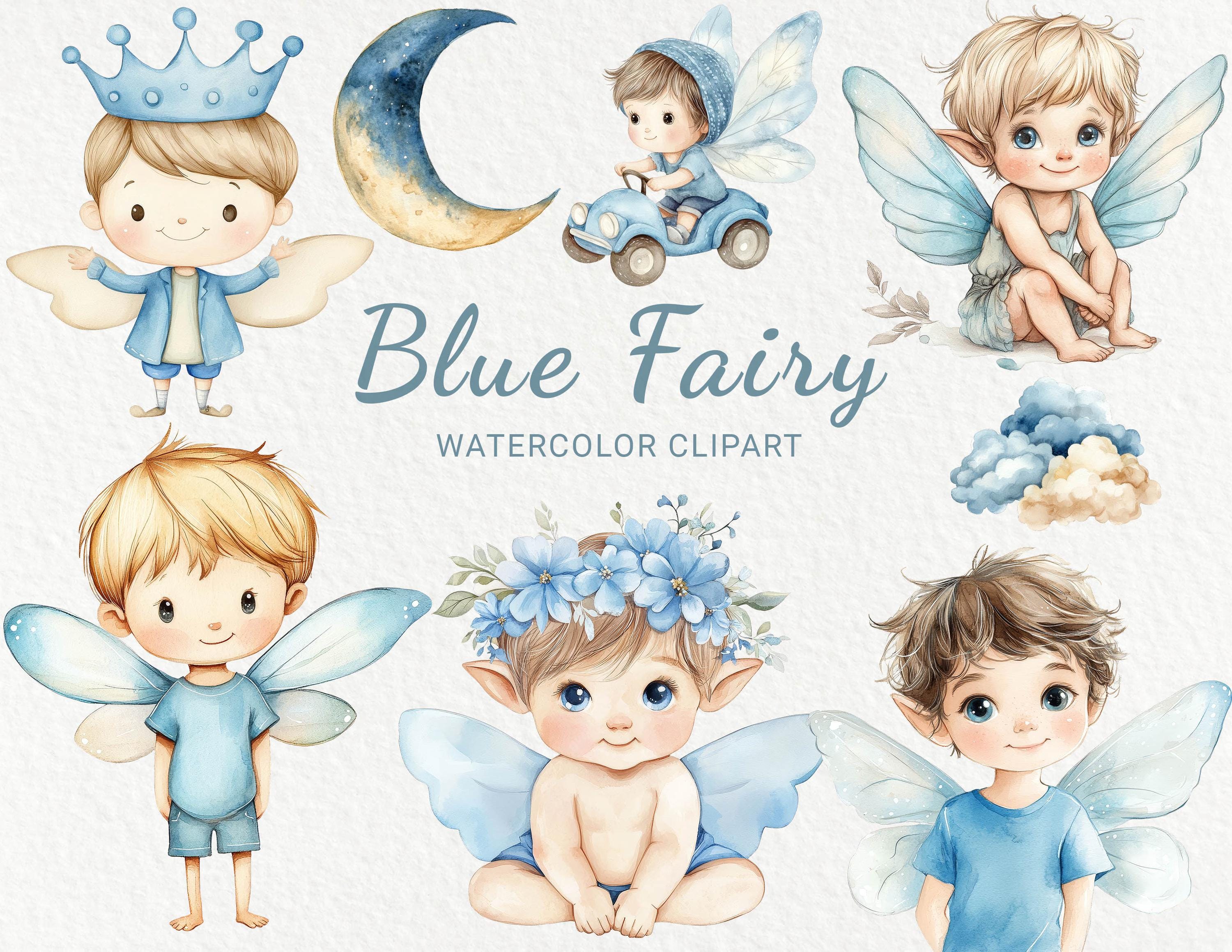 Blue Fairy Watercolor Clipart - 24 PNG Cute Fairy Decor, Nursery, Baby ...