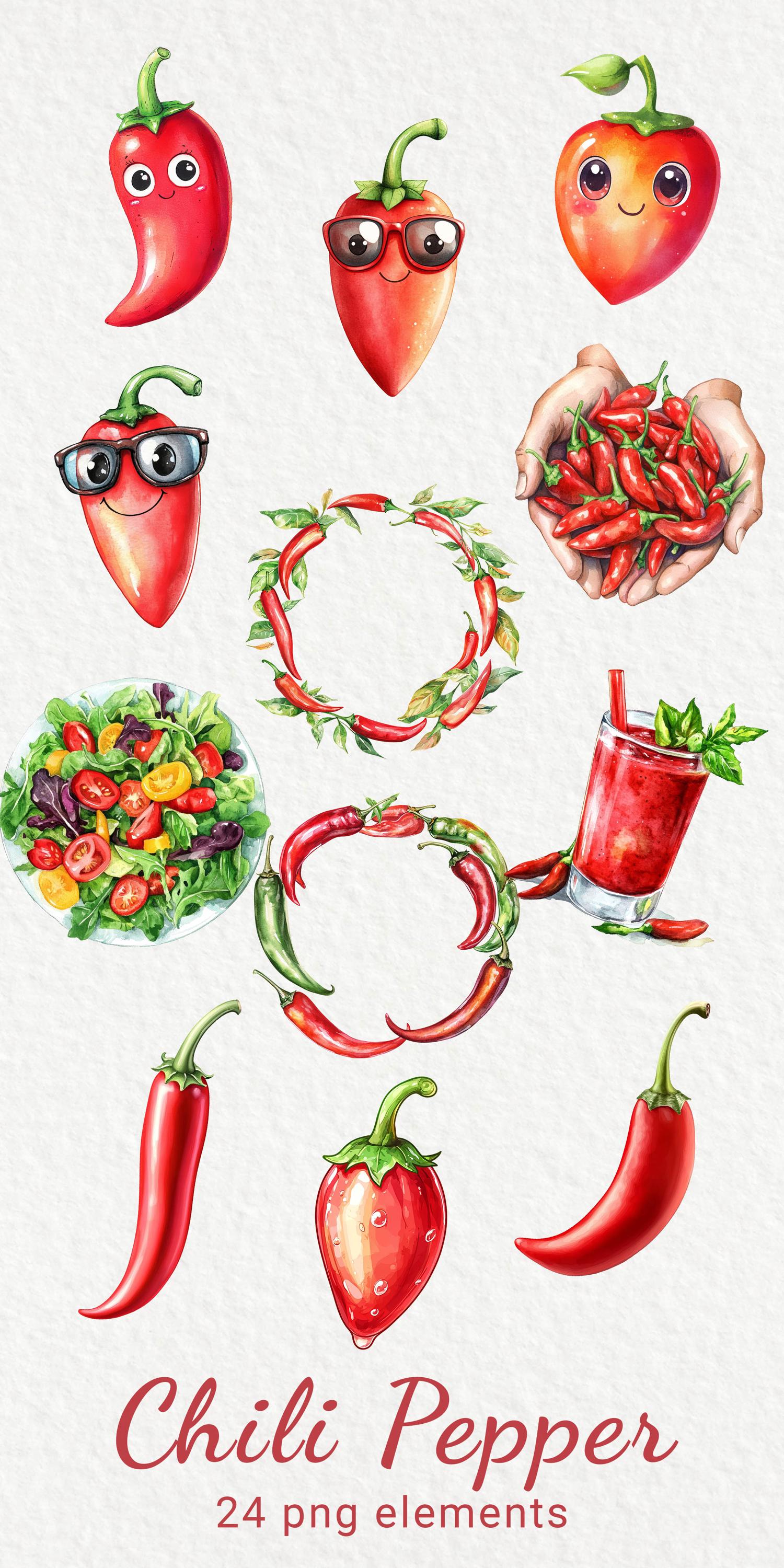 Chili Pepper Watercolor Clipart - 24 PNG Funny Chili Illustration, Cool ...