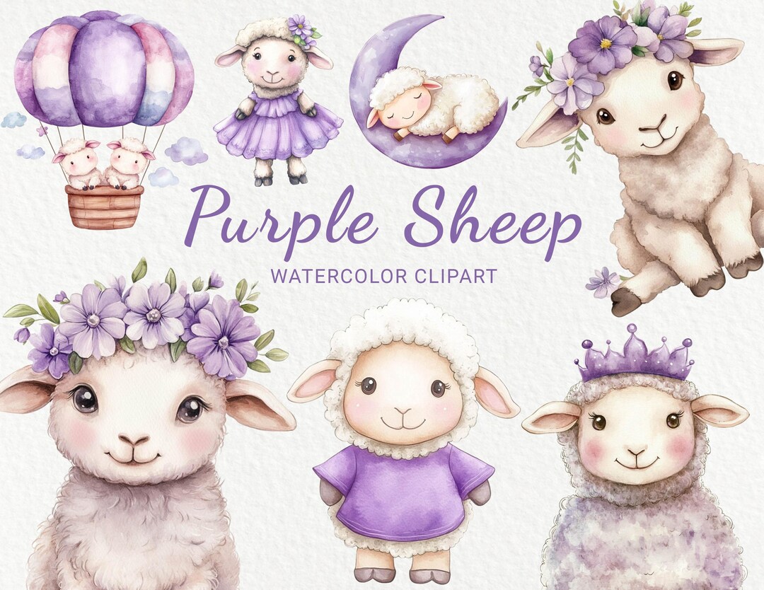 Purple Lamb Nursery Watercolor Clipart - 24 PNG Cute Sheep in Lilac ...
