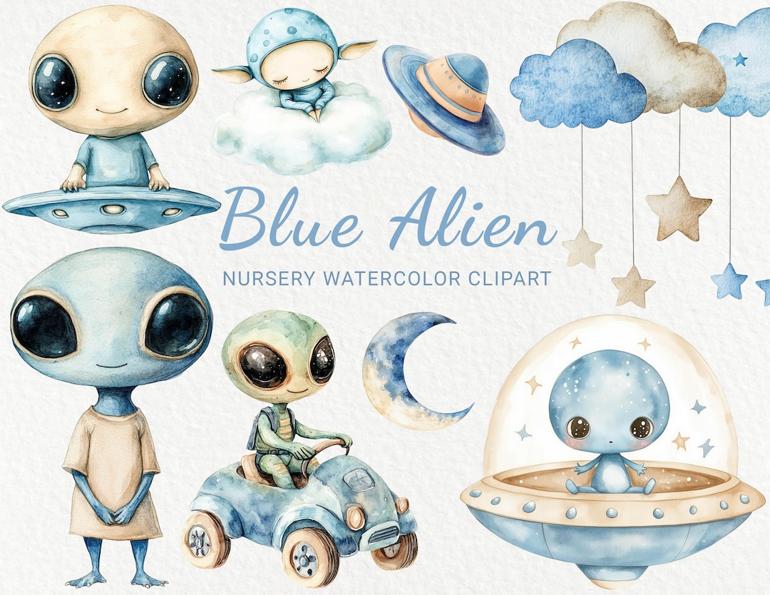 Blue Alien Watercolor Clipart - 24 PNG Cute Alien, Nursery Space Decor ...